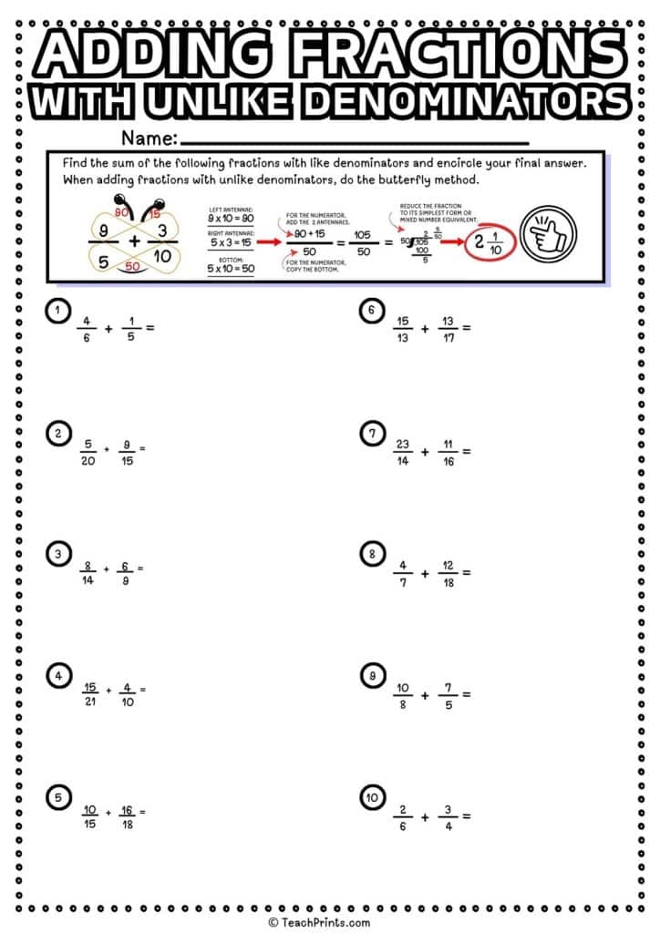 Free Adding Fractions with Unlike Denominators Worksheets - Teach Prints