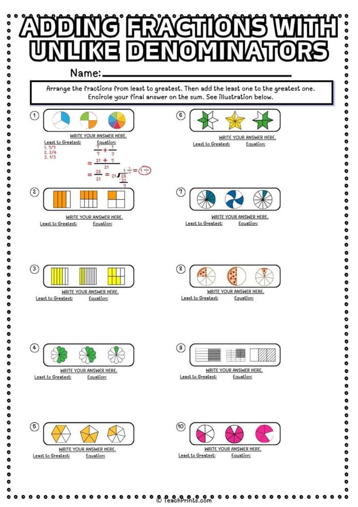 Free Adding Fractions with Unlike Denominators Worksheets - Teach Prints