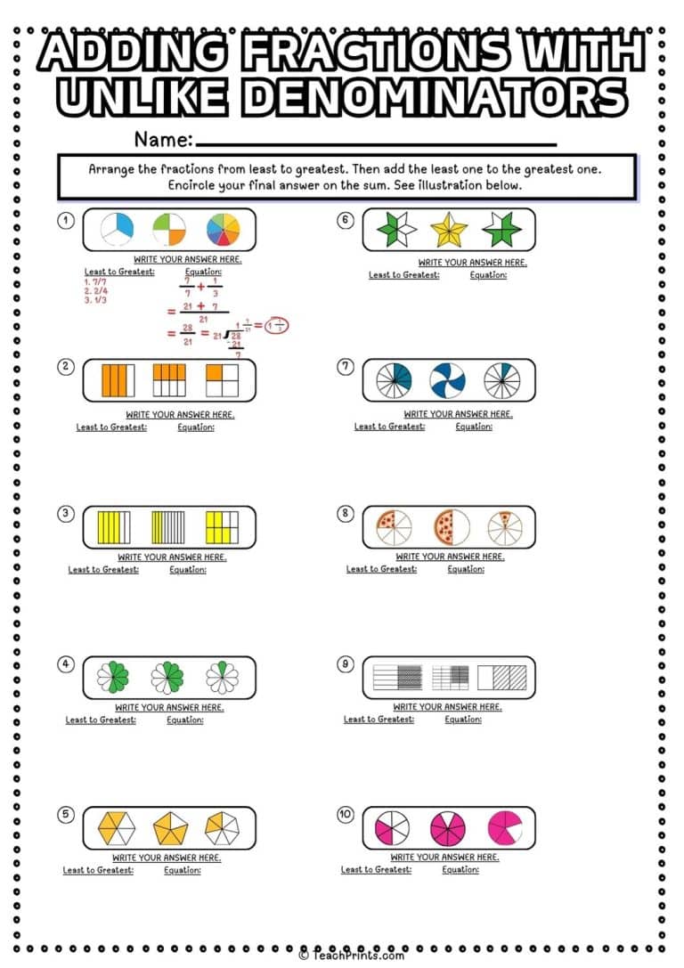 Free Adding Fractions with Unlike Denominators Worksheets - Teach Prints