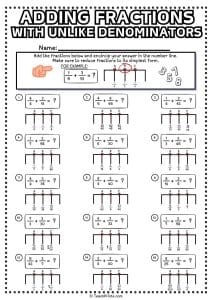 Free Adding Fractions with Unlike Denominators Worksheets - Teach Prints
