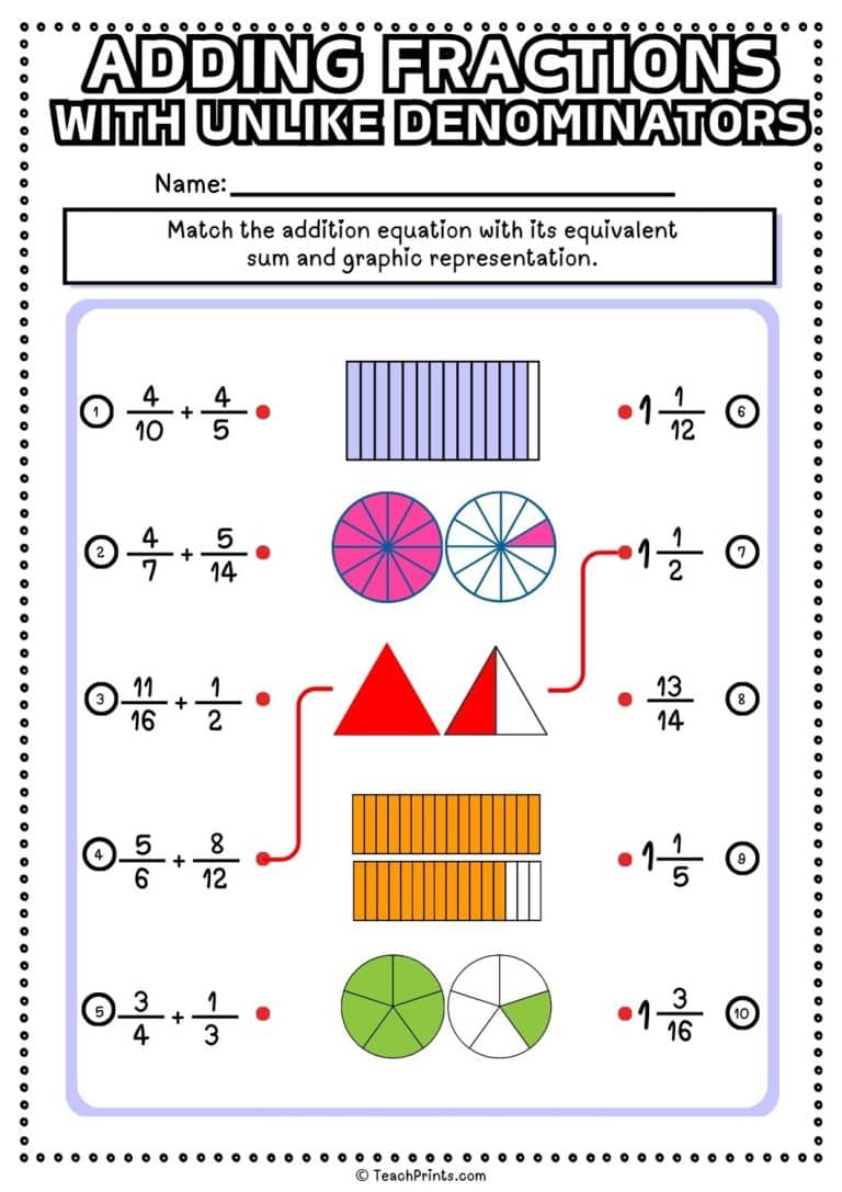Free Adding Fractions with Unlike Denominators Worksheets - Teach Prints