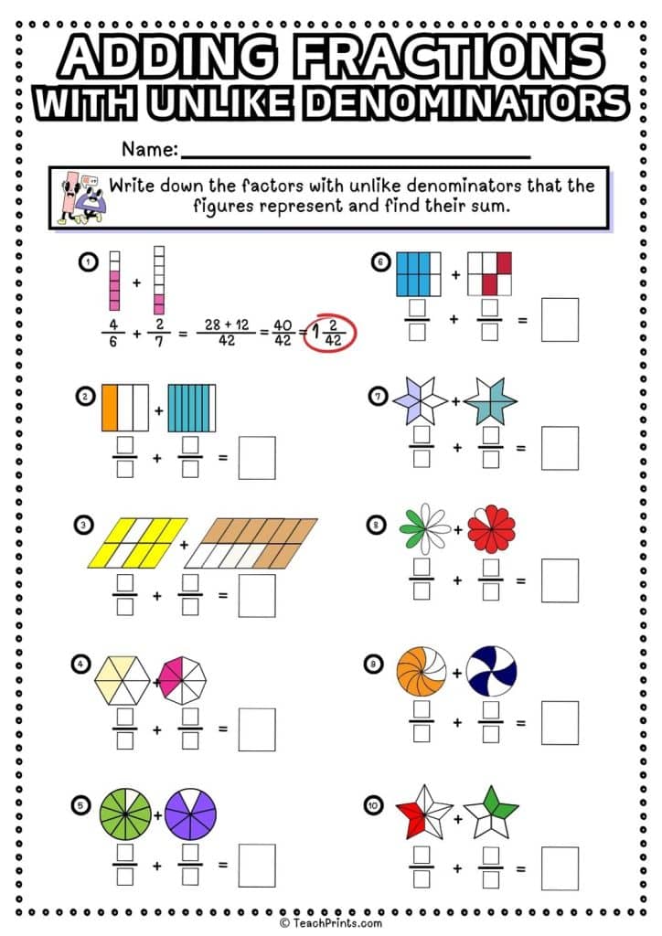 Free Adding Fractions with Unlike Denominators Worksheets - Teach Prints