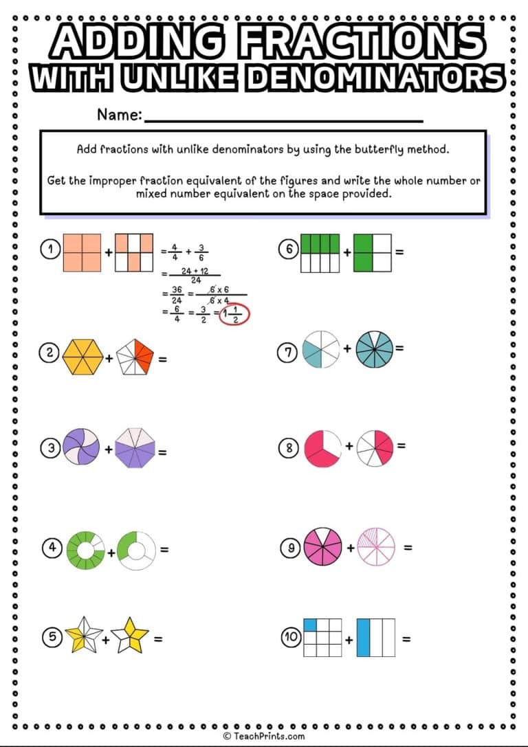 Free Adding Fractions with Unlike Denominators Worksheets - Teach Prints