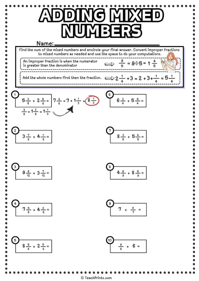 Free Adding Mixed Numbers Worksheets - Teach Prints