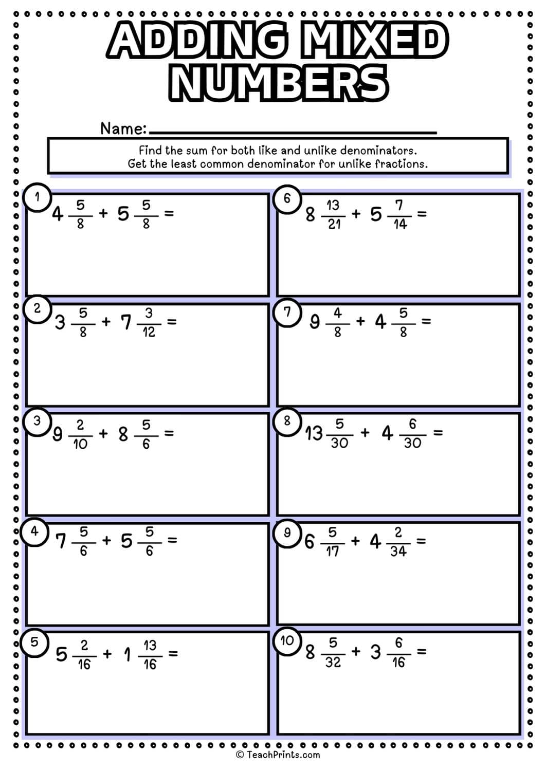 Free Adding Mixed Numbers Worksheets - Teach Prints