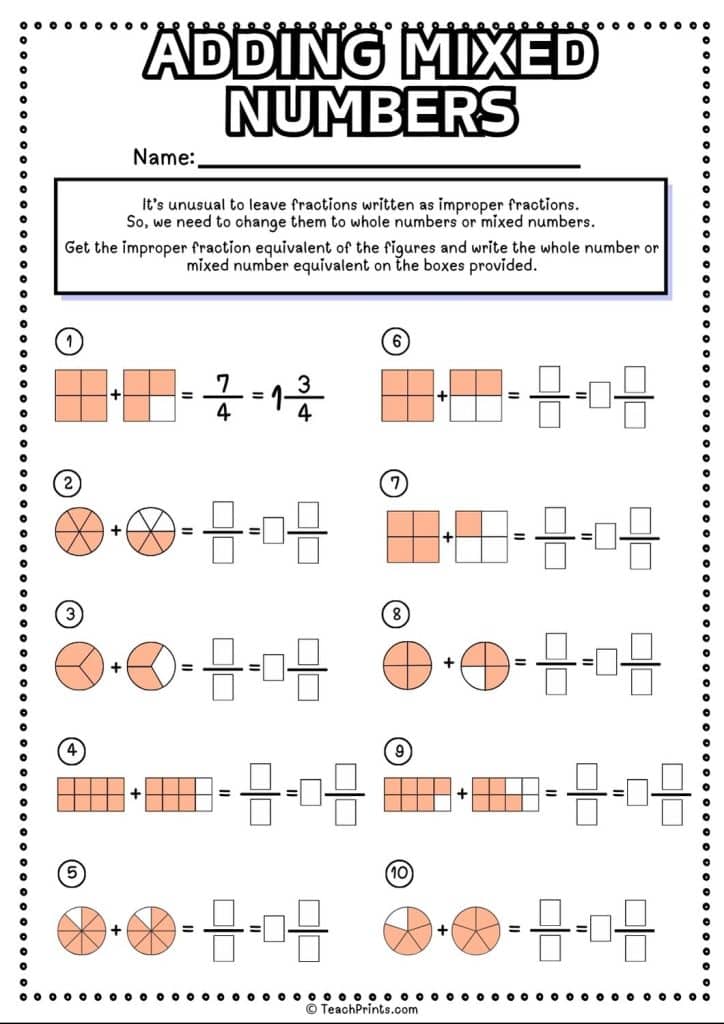 Free Adding Mixed Numbers Worksheets - Teach Prints
