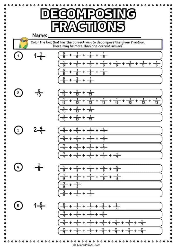 Free Decomposing Fractions Worksheets - Teach Prints