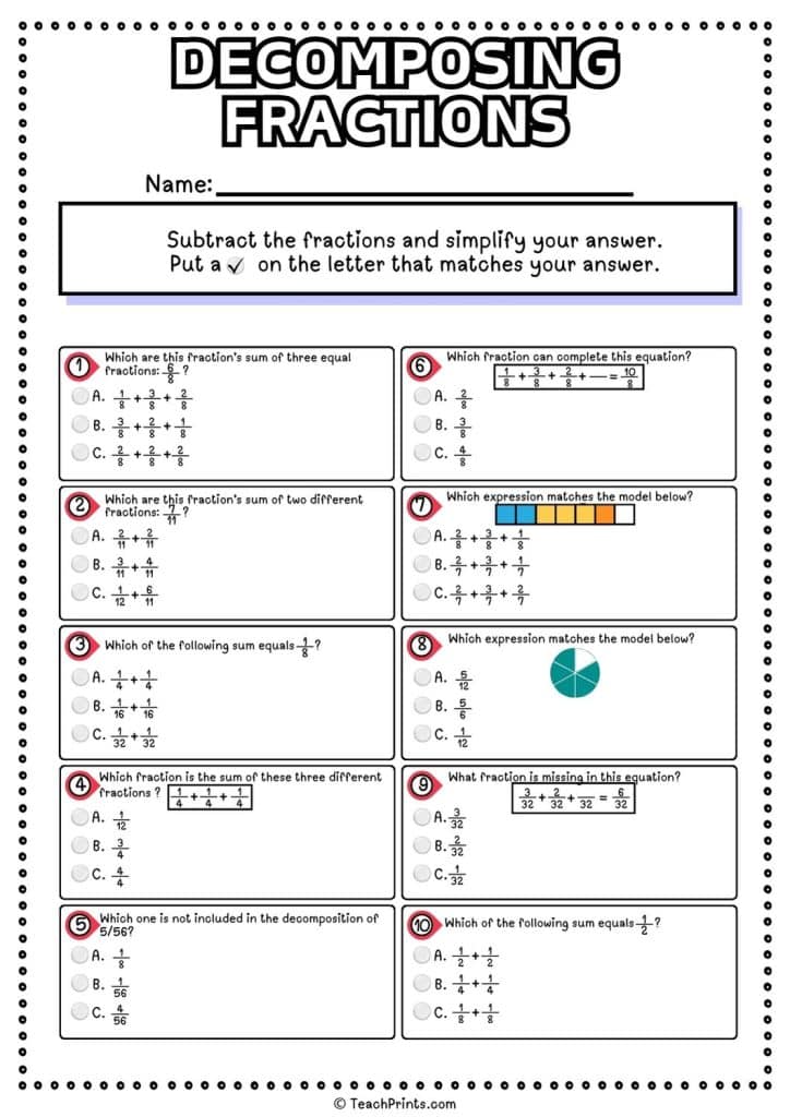 Free Decomposing Fractions Worksheets - Teach Prints