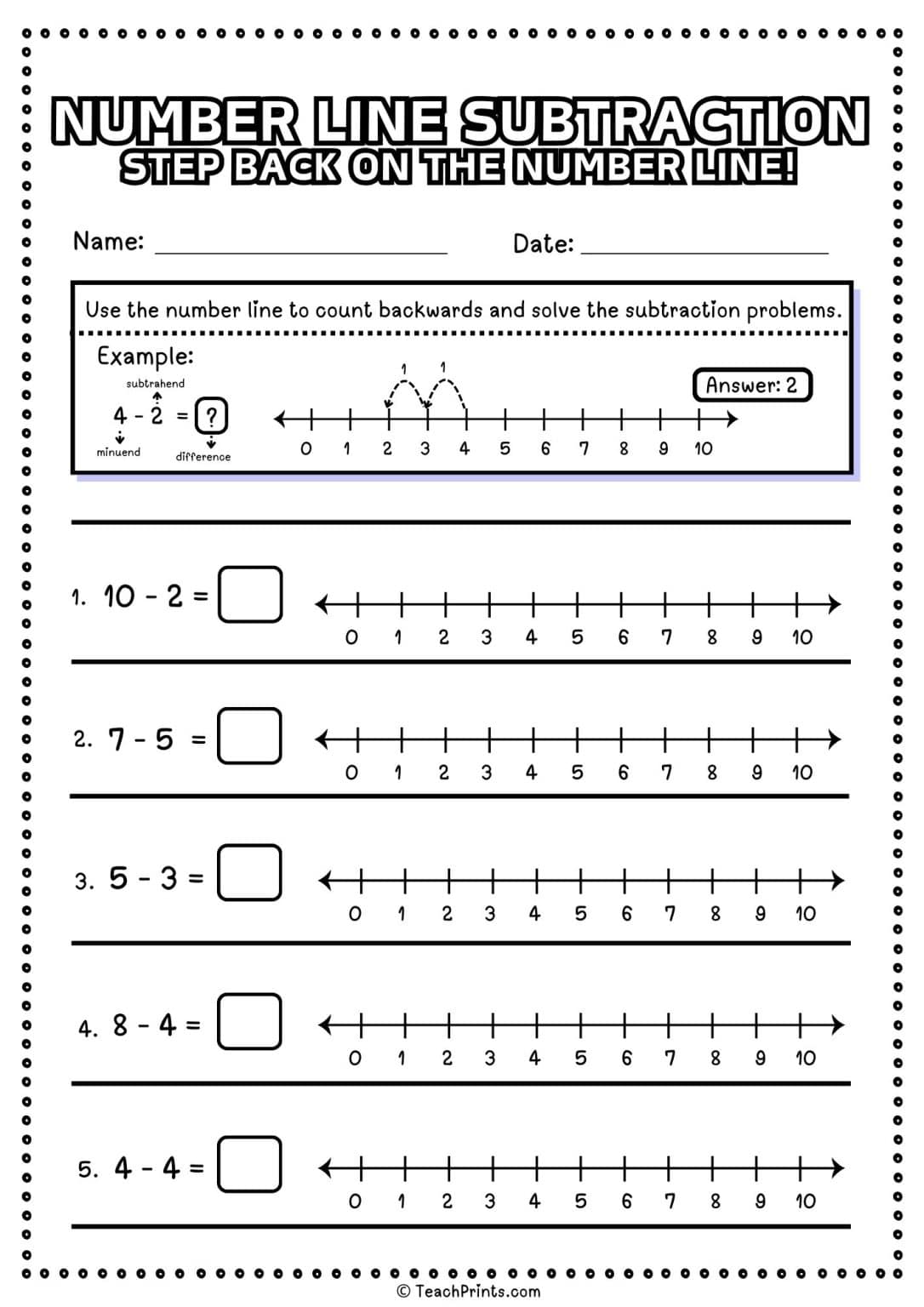Number Line Subtraction Worksheets - Free! - Teach Prints