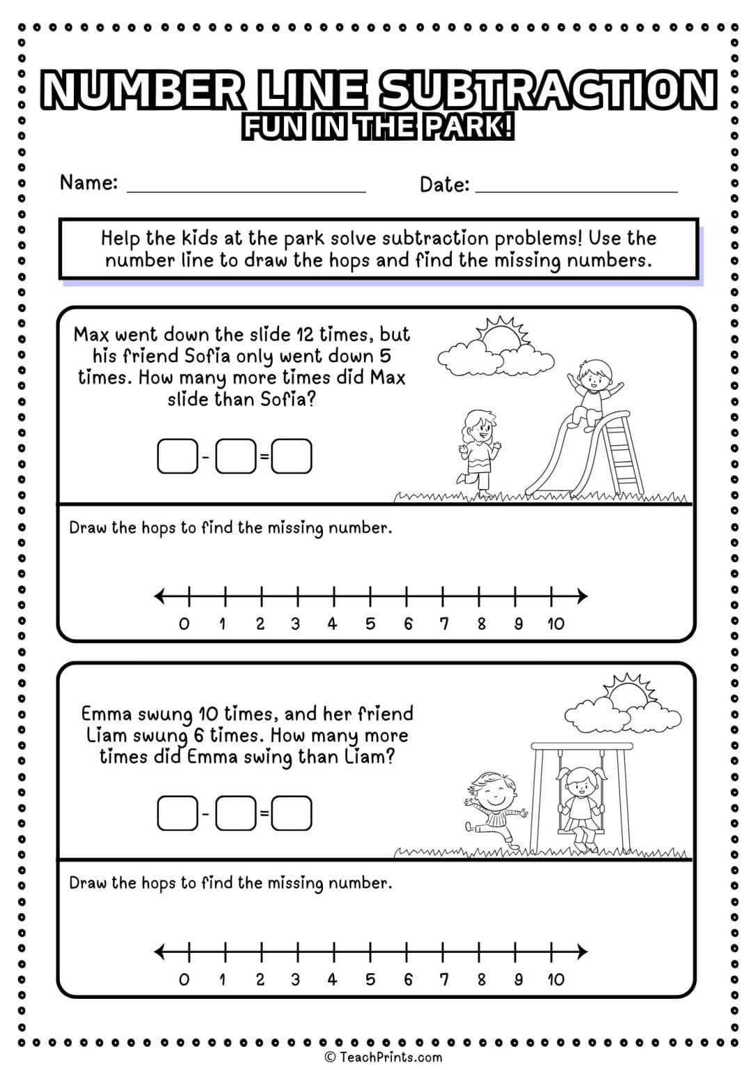 Number Line Subtraction Worksheets - Free! - Teach Prints