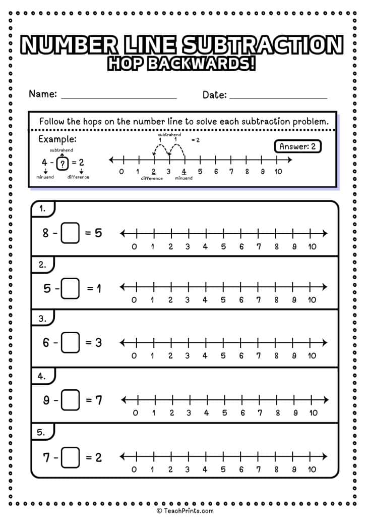 Number Line Subtraction Worksheets - Free! - Teach Prints