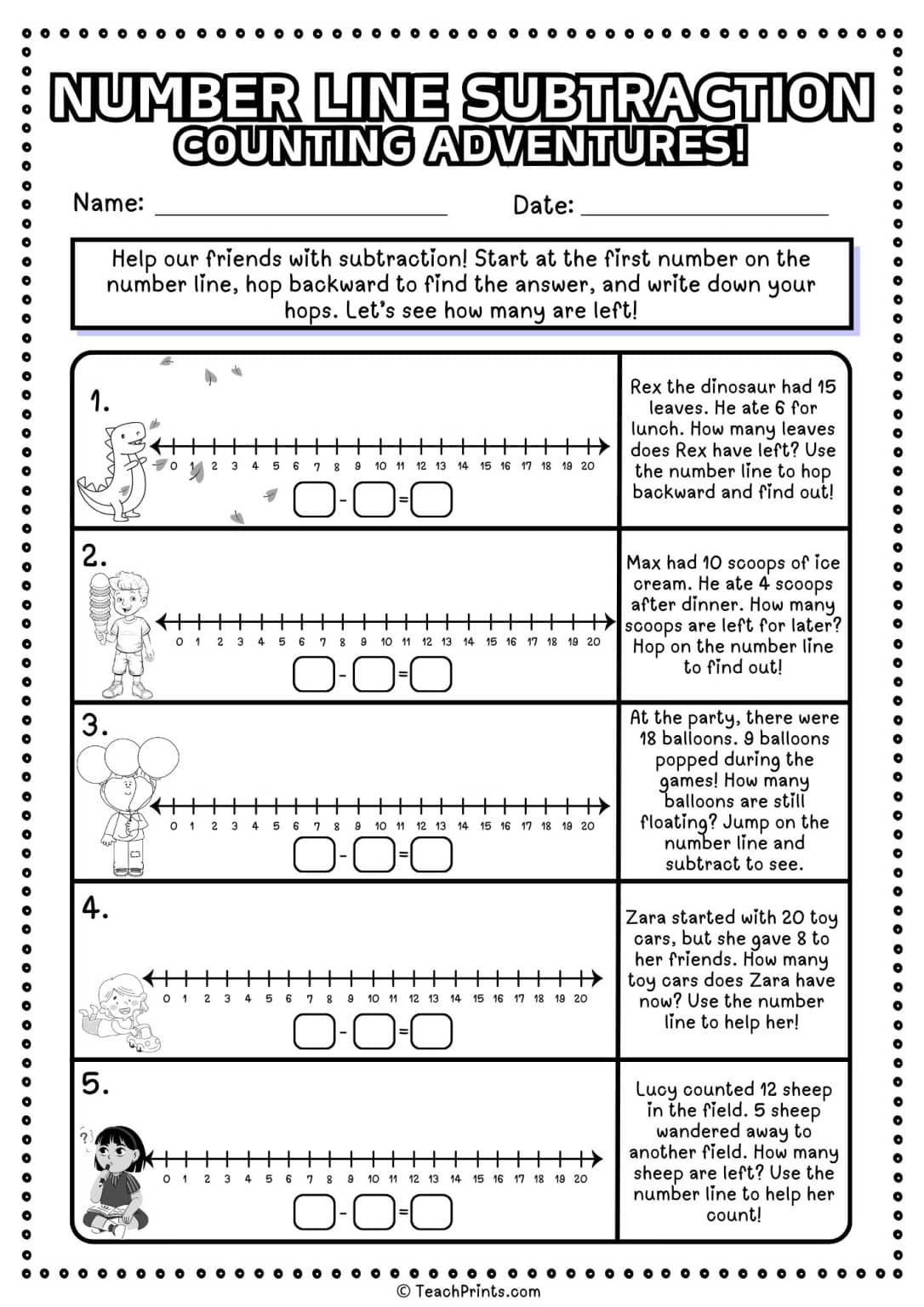 Number Line Subtraction Worksheets - Free! - Teach Prints