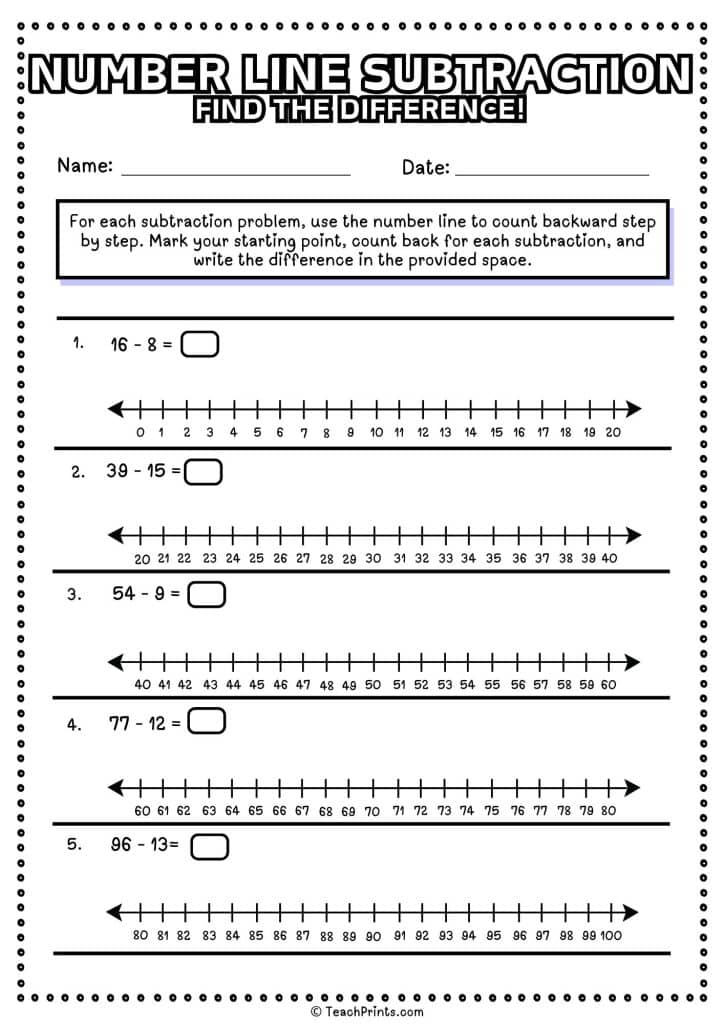 Number Line Subtraction Worksheets - Free! - Teach Prints