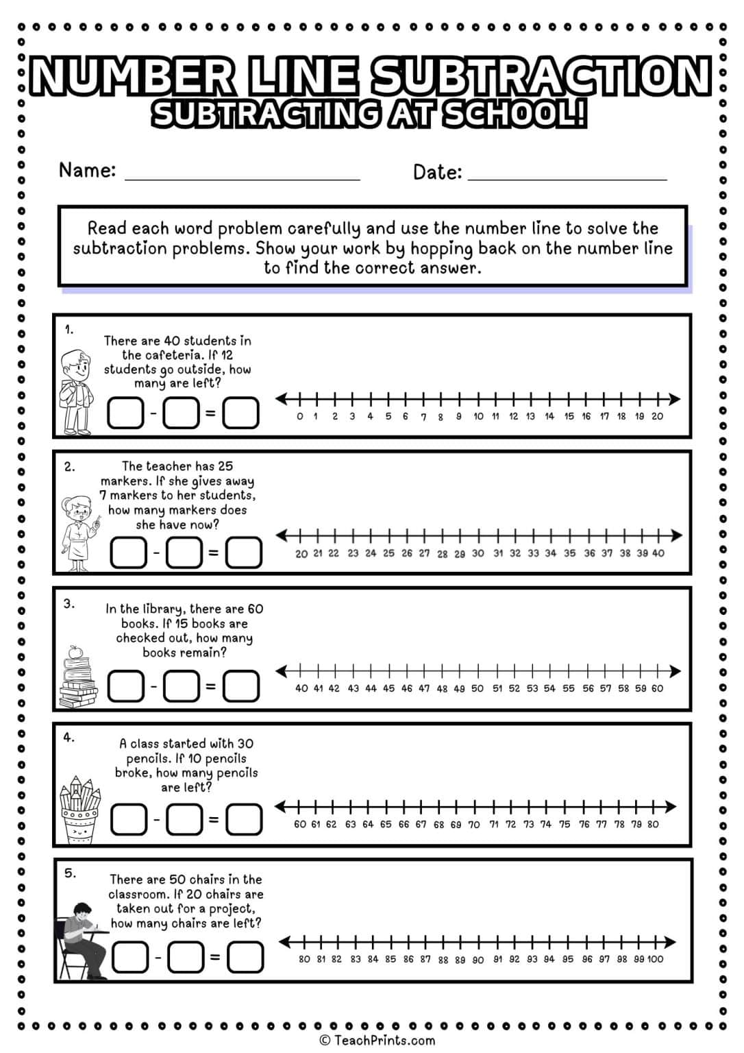 Number Line Subtraction Worksheets - Free! - Teach Prints