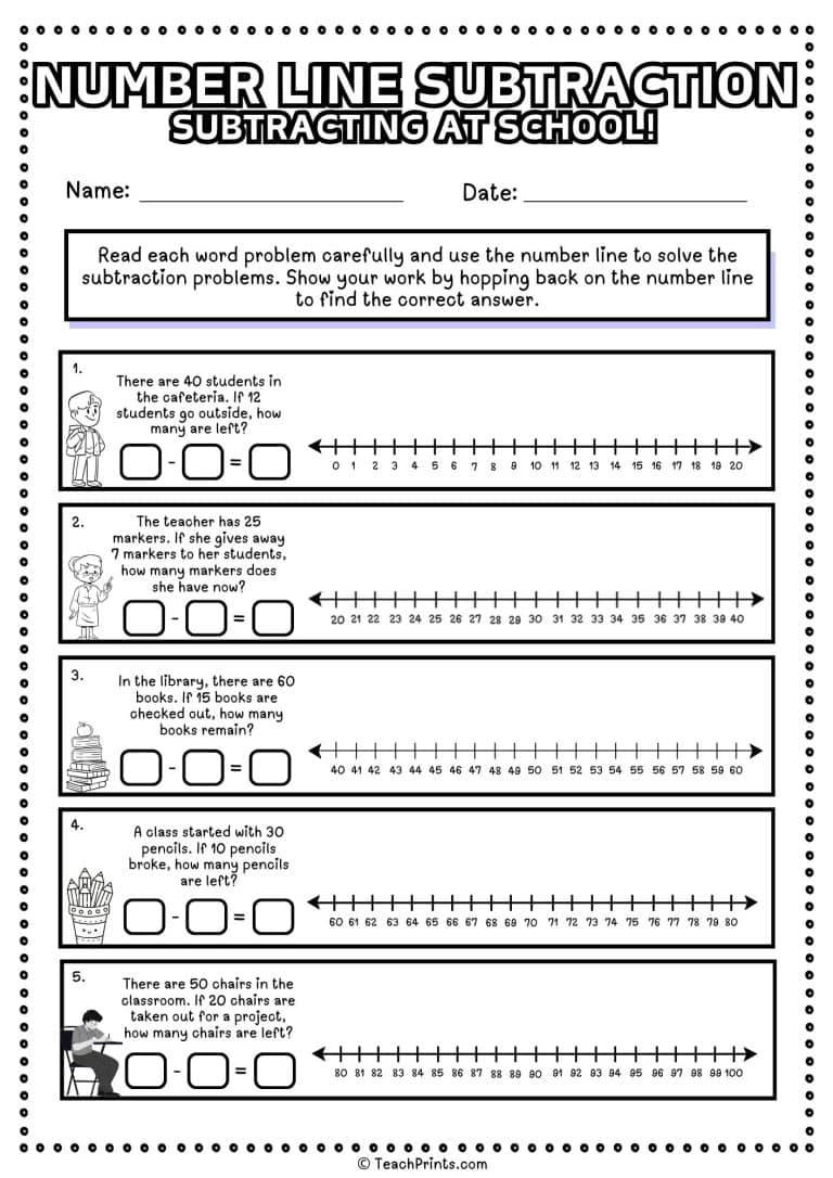 Number Line Subtraction Worksheets - Free! - Teach Prints