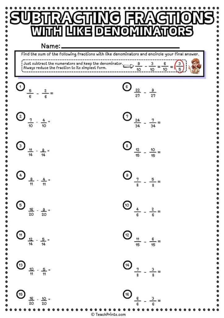 Free Subtracting Fractions With Like Denominators Worksheets - Teach Prints