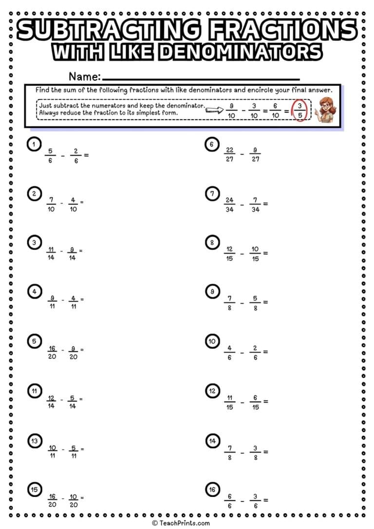 Free Subtracting Fractions With Like Denominators Worksheets - Teach Prints