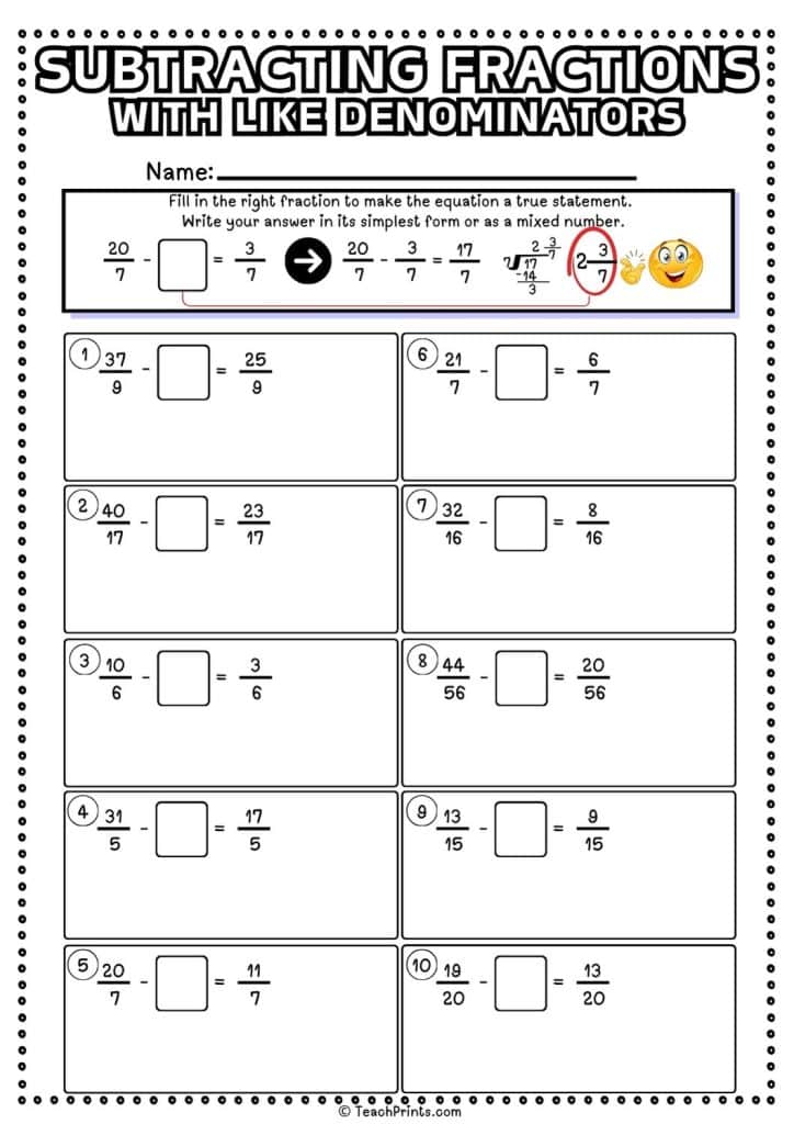 Free Subtracting Fractions With Like Denominators Worksheets - Teach Prints