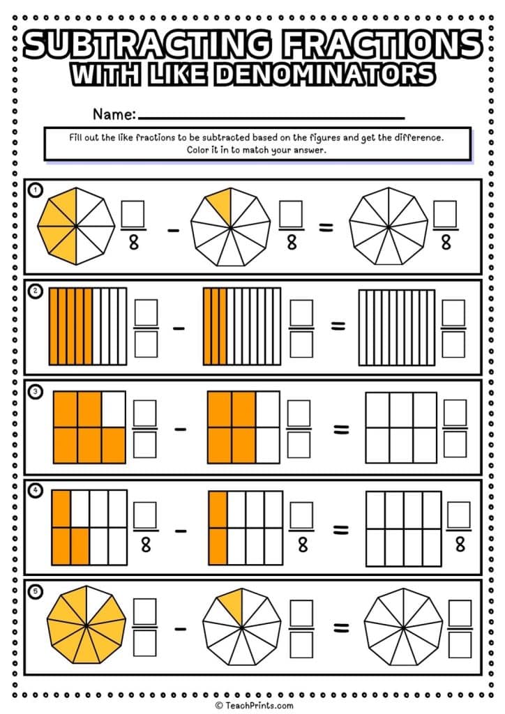 Free Subtracting Fractions With Like Denominators Worksheets - Teach Prints