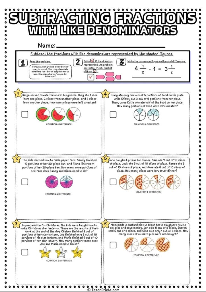 Free Subtracting Fractions With Like Denominators Worksheets - Teach Prints