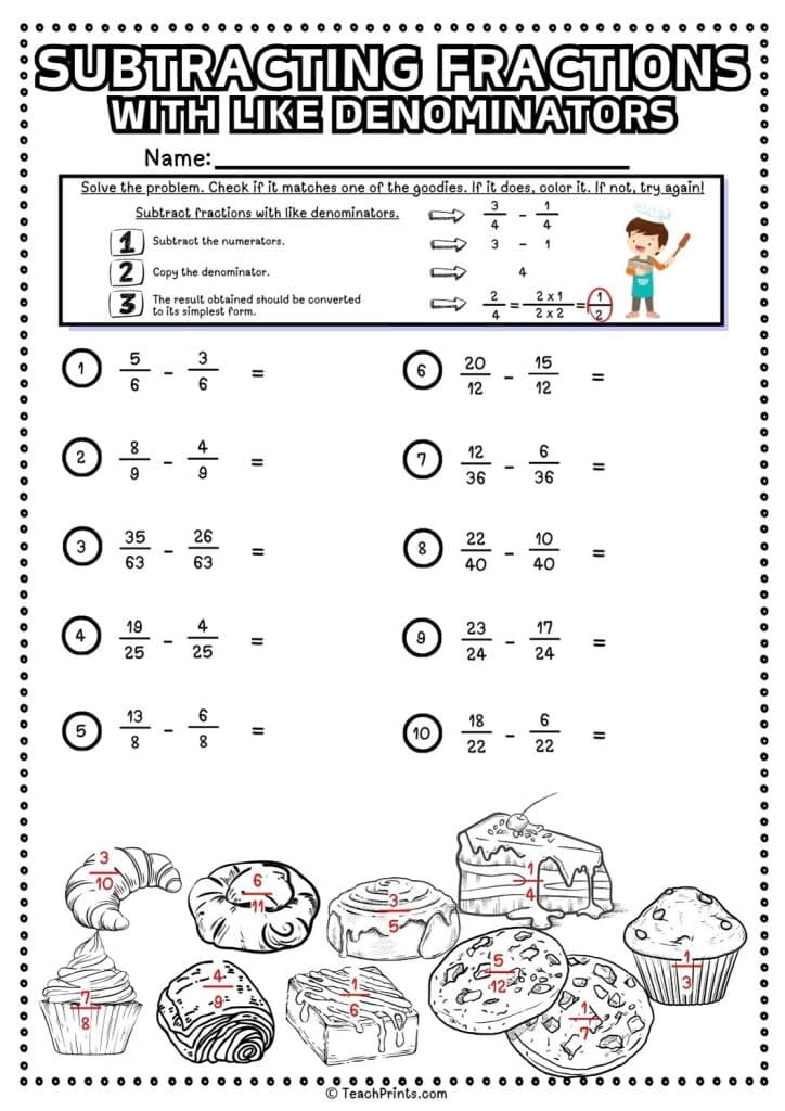 Free Subtracting Fractions With Like Denominators Worksheets - Teach Prints