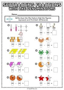 Free Subtracting Fractions With Like Denominators Worksheets - Teach Prints