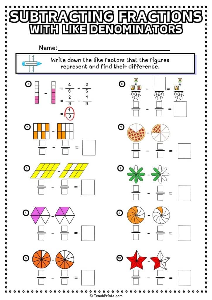 Free Subtracting Fractions With Like Denominators Worksheets - Teach Prints