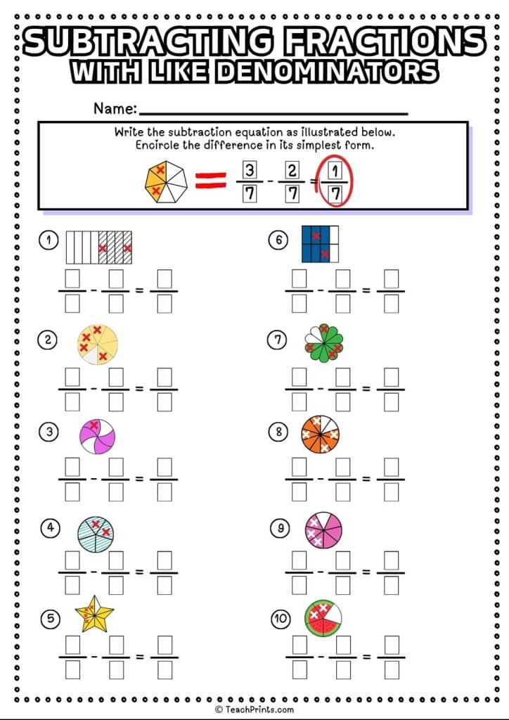 Free Subtracting Fractions With Like Denominators Worksheets - Teach Prints