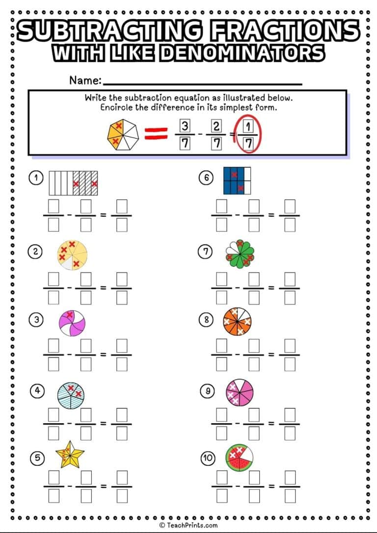 Free Subtracting Fractions With Like Denominators Worksheets - Teach Prints