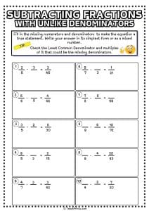 Free Subtracting Fractions with Unlike Denominators Worksheets - Teach ...
