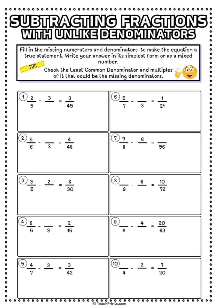 Free Subtracting Fractions with Unlike Denominators Worksheets - Teach ...