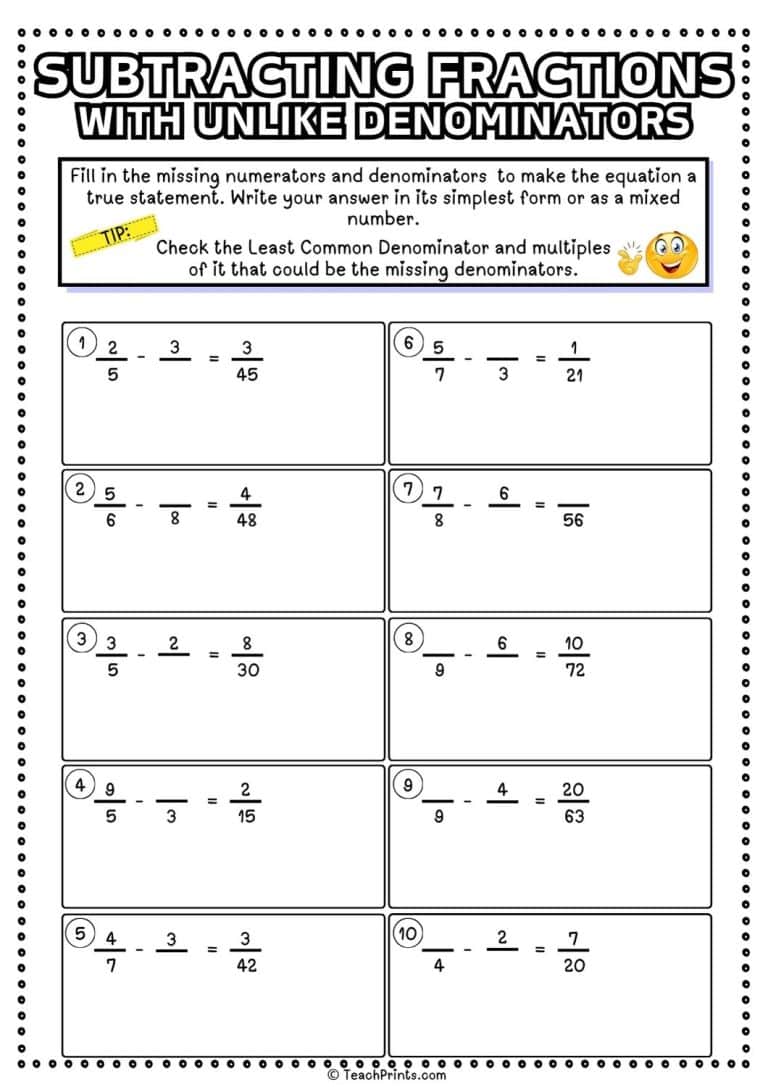 Free Subtracting Fractions with Unlike Denominators Worksheets - Teach ...
