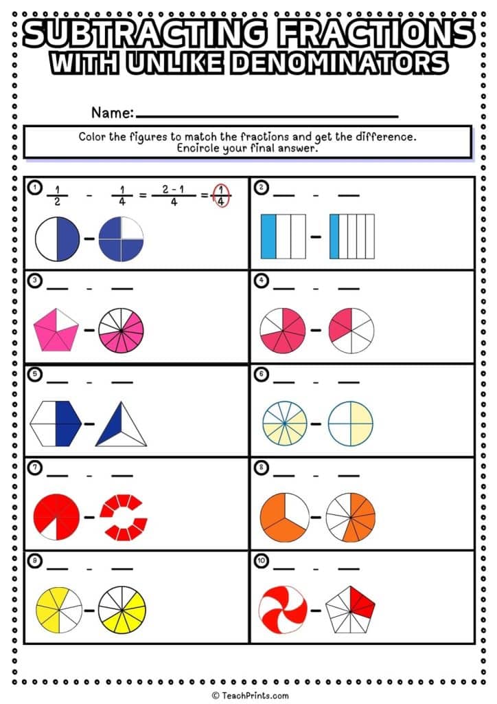 Free Subtracting Fractions with Unlike Denominators Worksheets - Teach ...