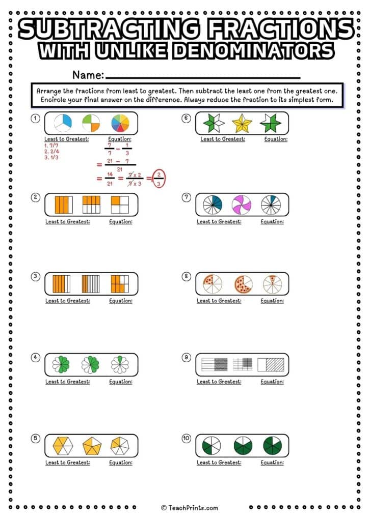 Free Subtracting Fractions with Unlike Denominators Worksheets - Teach ...