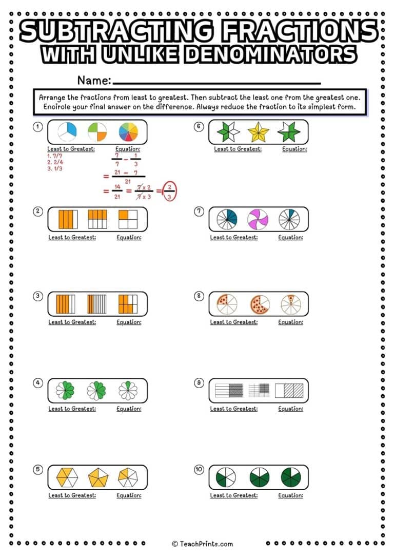 Free Subtracting Fractions with Unlike Denominators Worksheets - Teach ...