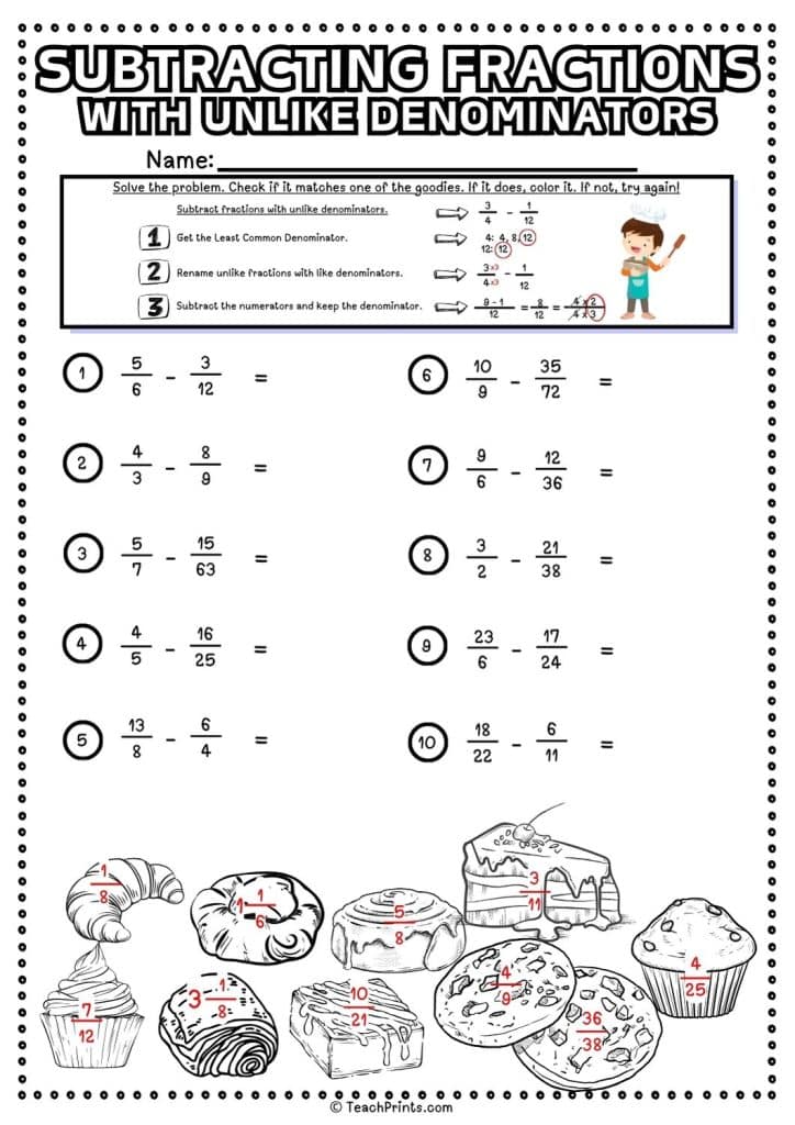 Free Subtracting Fractions with Unlike Denominators Worksheets - Teach ...
