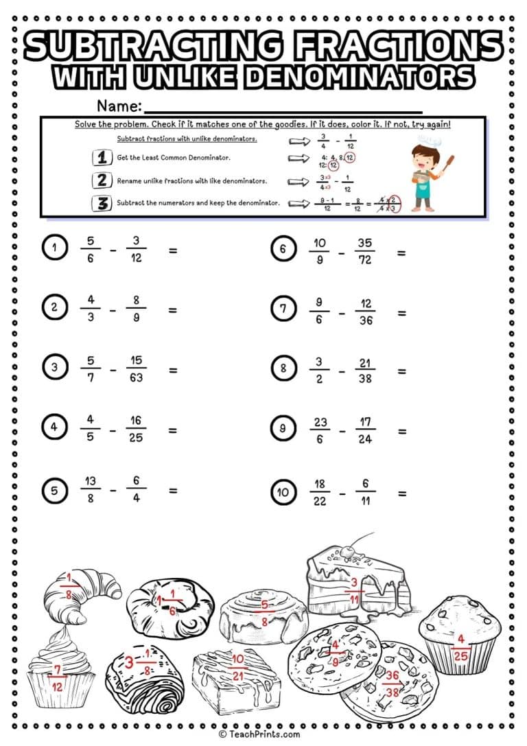 Free Subtracting Fractions with Unlike Denominators Worksheets - Teach ...