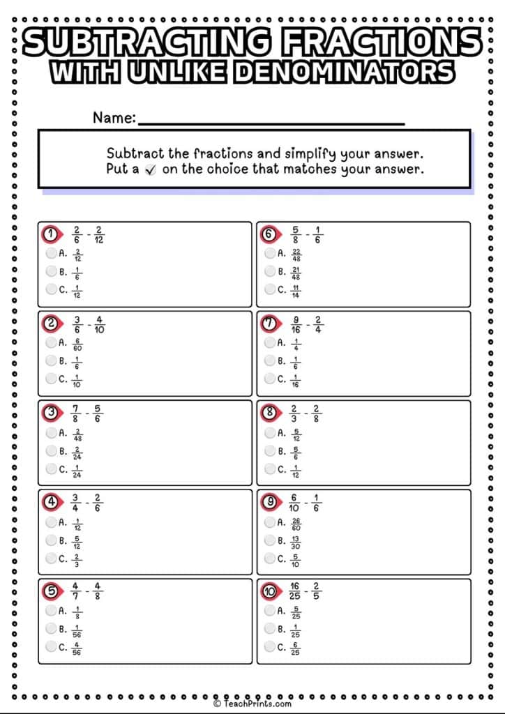 Free Subtracting Fractions with Unlike Denominators Worksheets - Teach ...