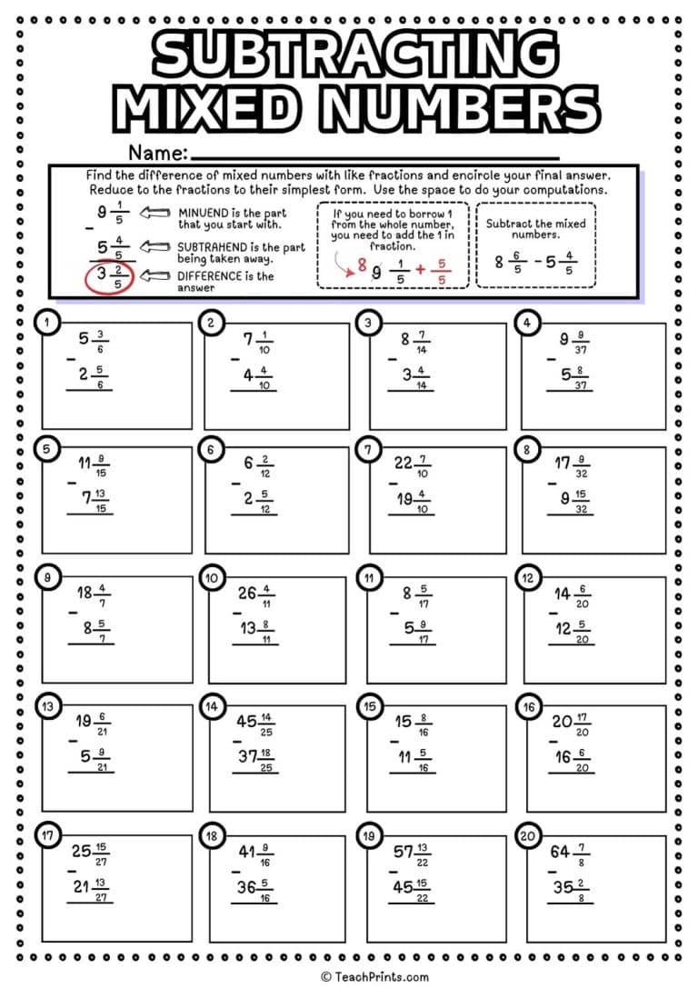 Free Subtracting Mixed Numbers Worksheets - Teach Prints
