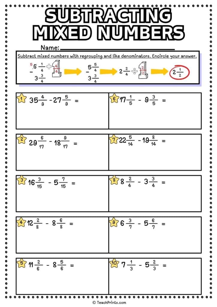 Free Subtracting Mixed Numbers Worksheets - Teach Prints