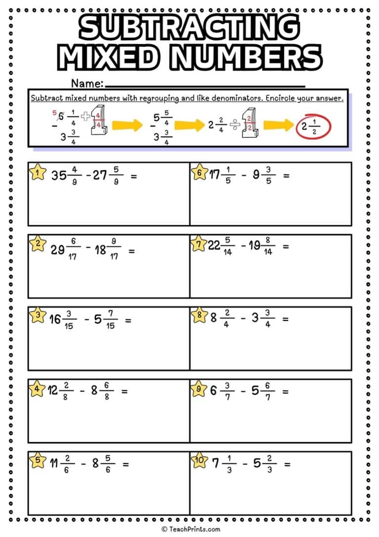 Free Subtracting Mixed Numbers Worksheets - Teach Prints