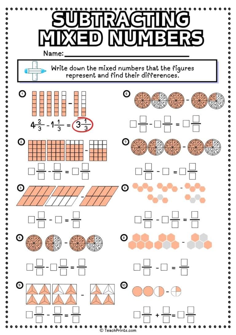 Free Subtracting Mixed Numbers Worksheets - Teach Prints