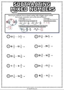 Free Subtracting Mixed Numbers Worksheets - Teach Prints