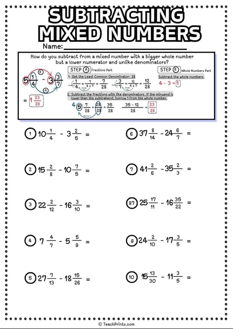 Free Subtracting Mixed Numbers Worksheets - Teach Prints