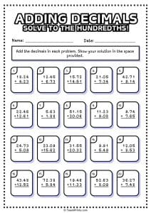 Free Adding Decimals Worksheets - Teach Prints