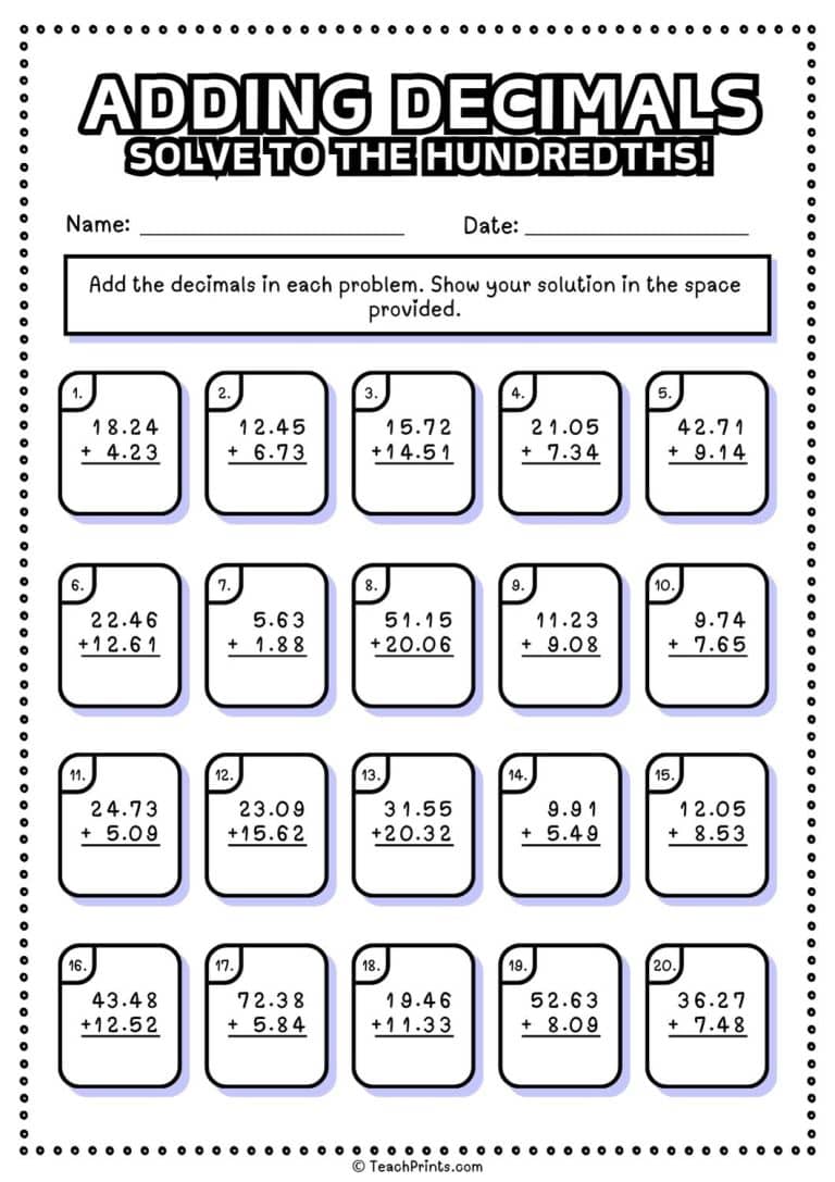 Free Adding Decimals Worksheets - Teach Prints