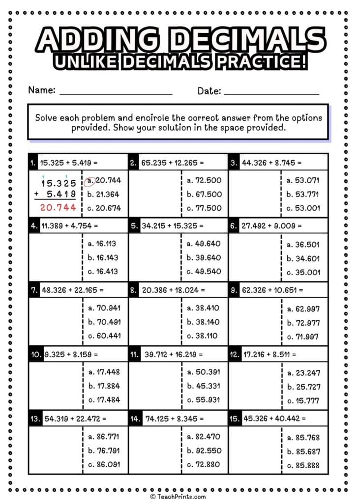 Free Adding Decimals Worksheets - Teach Prints