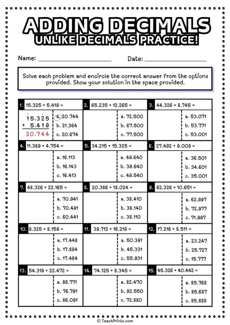 Free Adding Decimals Worksheets - Teach Prints