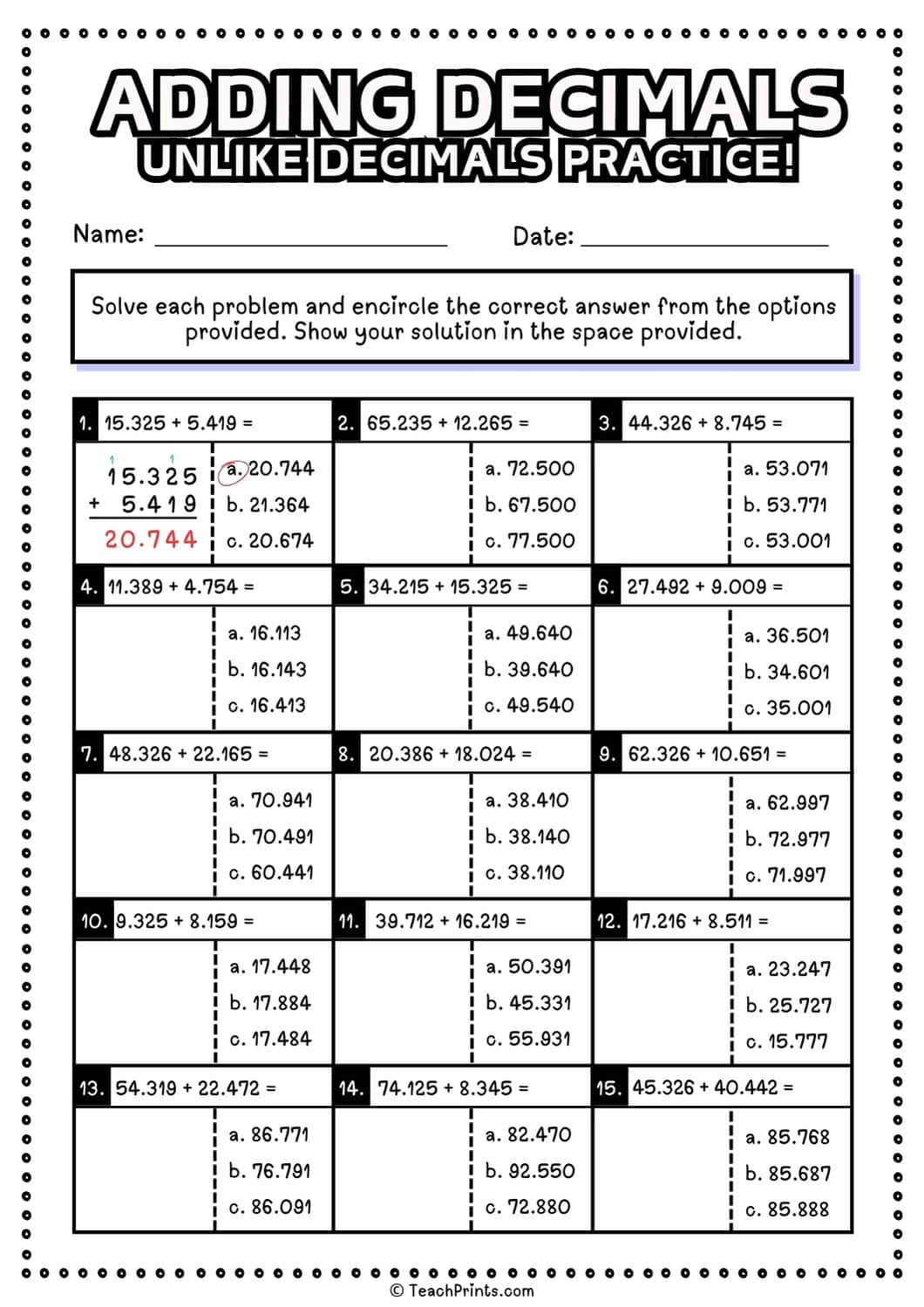 Free Adding Decimals Worksheets Teach Prints