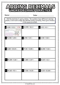 Free Adding Decimals Worksheets - Teach Prints